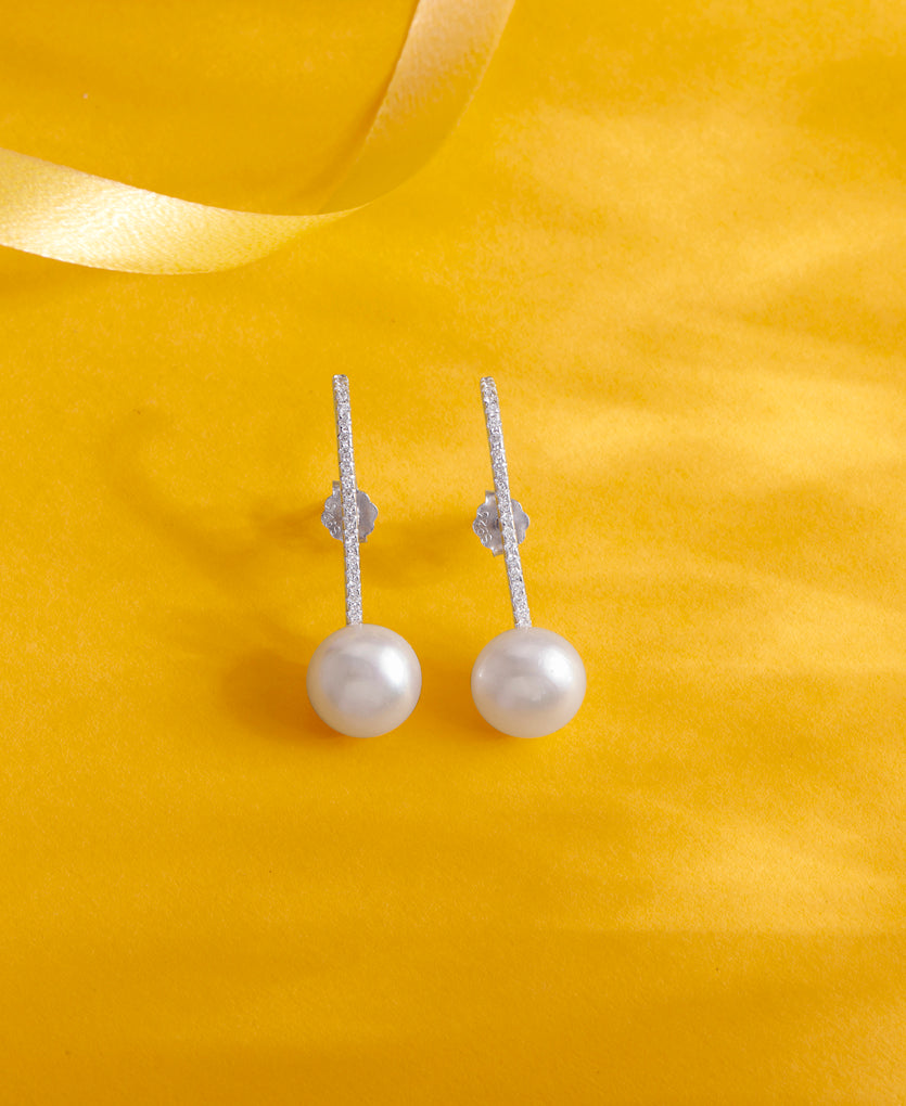 Pristine Pearl Line Push Button Silver Earring – Silvostyle Jewellery LLP